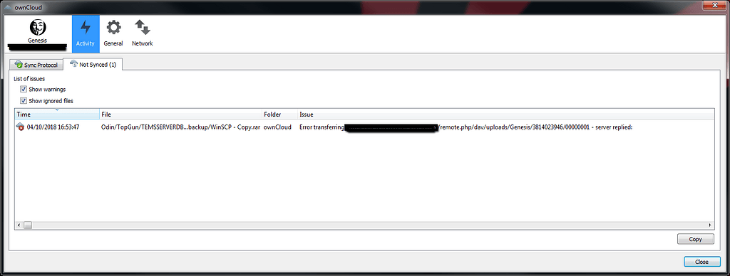 Error transferring file from client only, getting no error info - Server - ownCloud Central