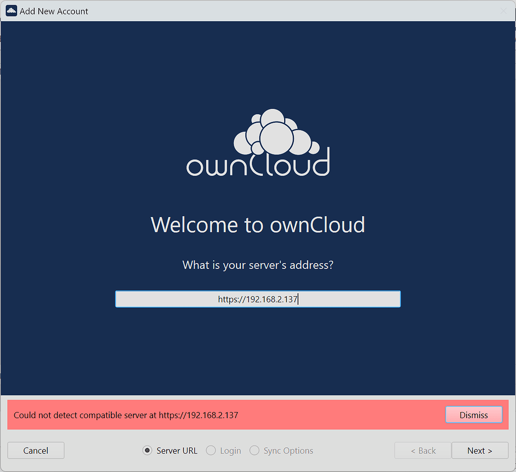 Could not connect compatible server at - Desktop - ownCloud Central