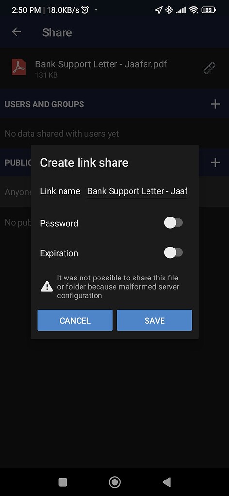 Sharing on mobile not working - Android - ownCloud Central
