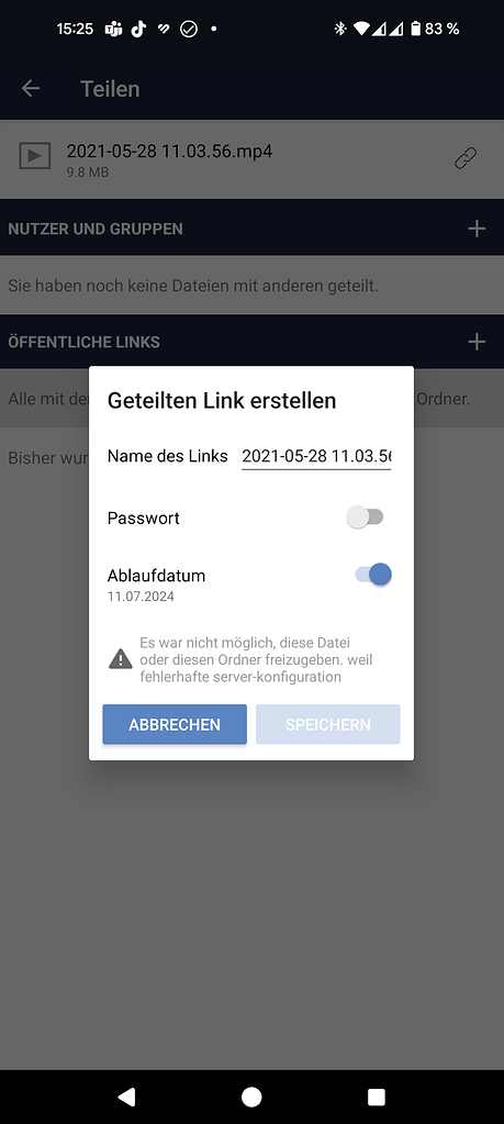 "create shared link" does not work - Android - ownCloud Central